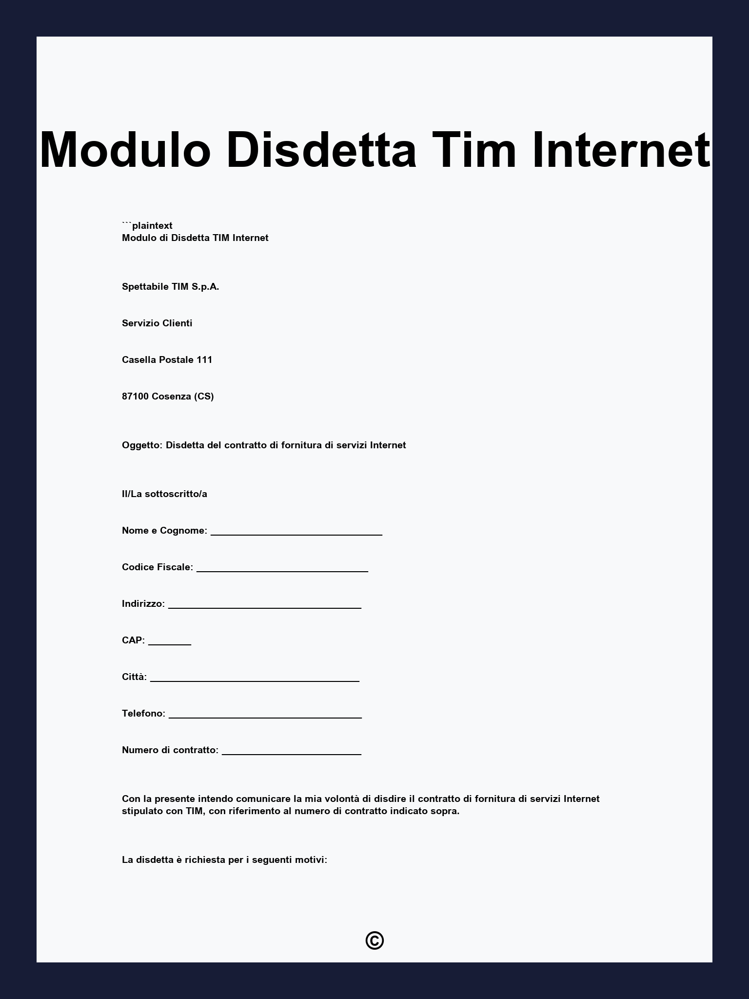 Modulo Disdetta Tim Internet