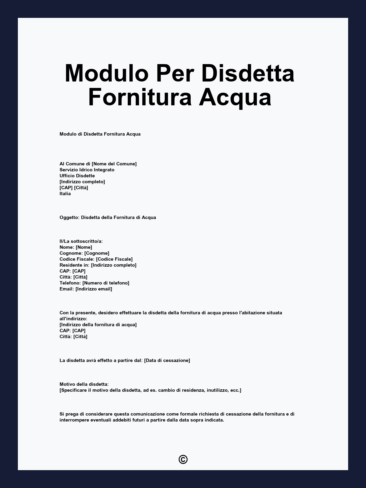 Modulo Per Disdetta Fornitura Acqua